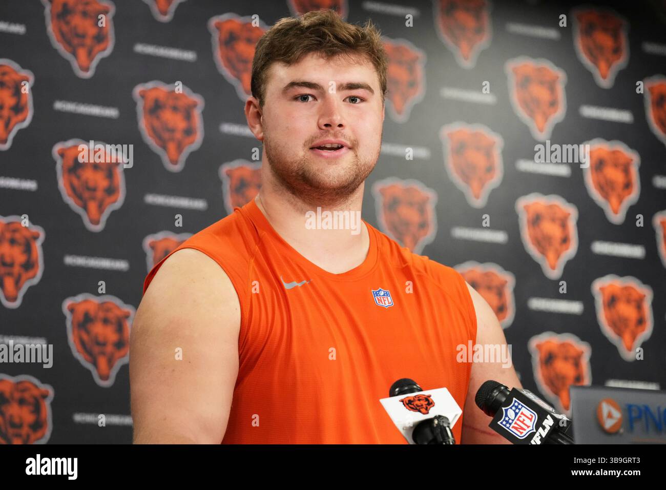 Chicago Bears offensive line Ozzy Trapilo talks to media members during ...