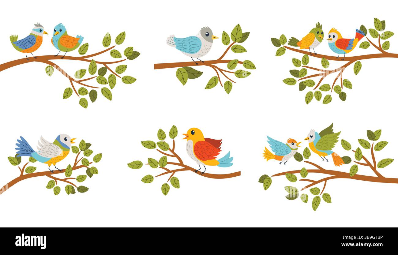 Cartoon flat style illustration of colorful birds sitting on tree ...