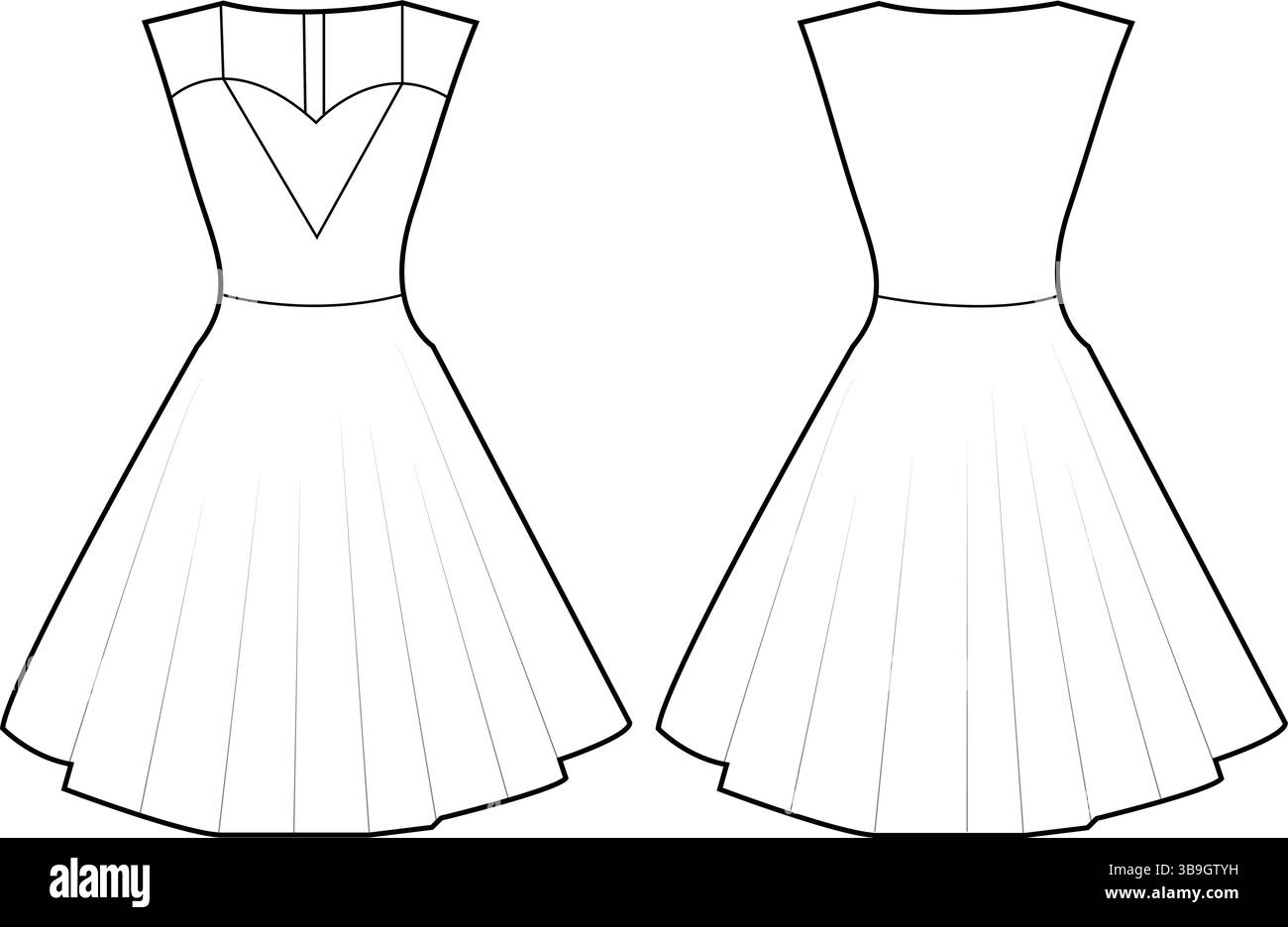 Minimalist Line Art of a Vintage Flared Dress – Front and Back View ...