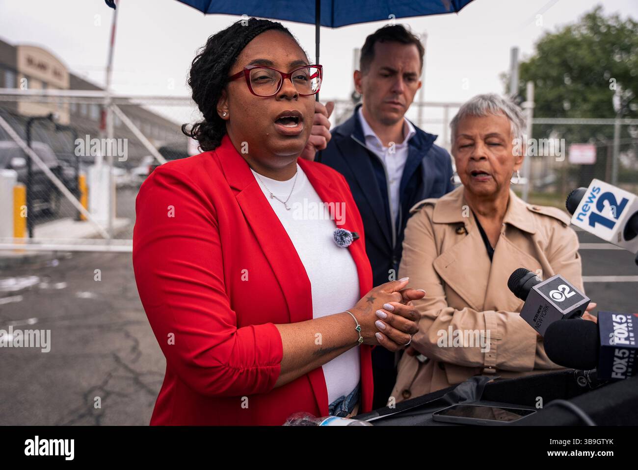 Congresswoman Rep. LaMonica McIver, D-N.J., speaks to the press after Newark mayor Ras Baraka ...