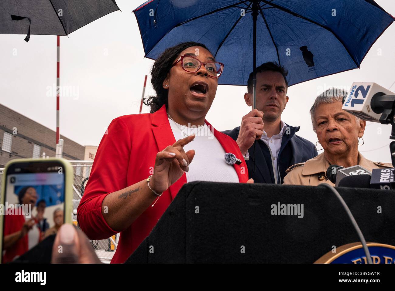 Congresswoman Rep. LaMonica McIver, D-N.J., speaks to the press after Newark mayor Ras Baraka ...