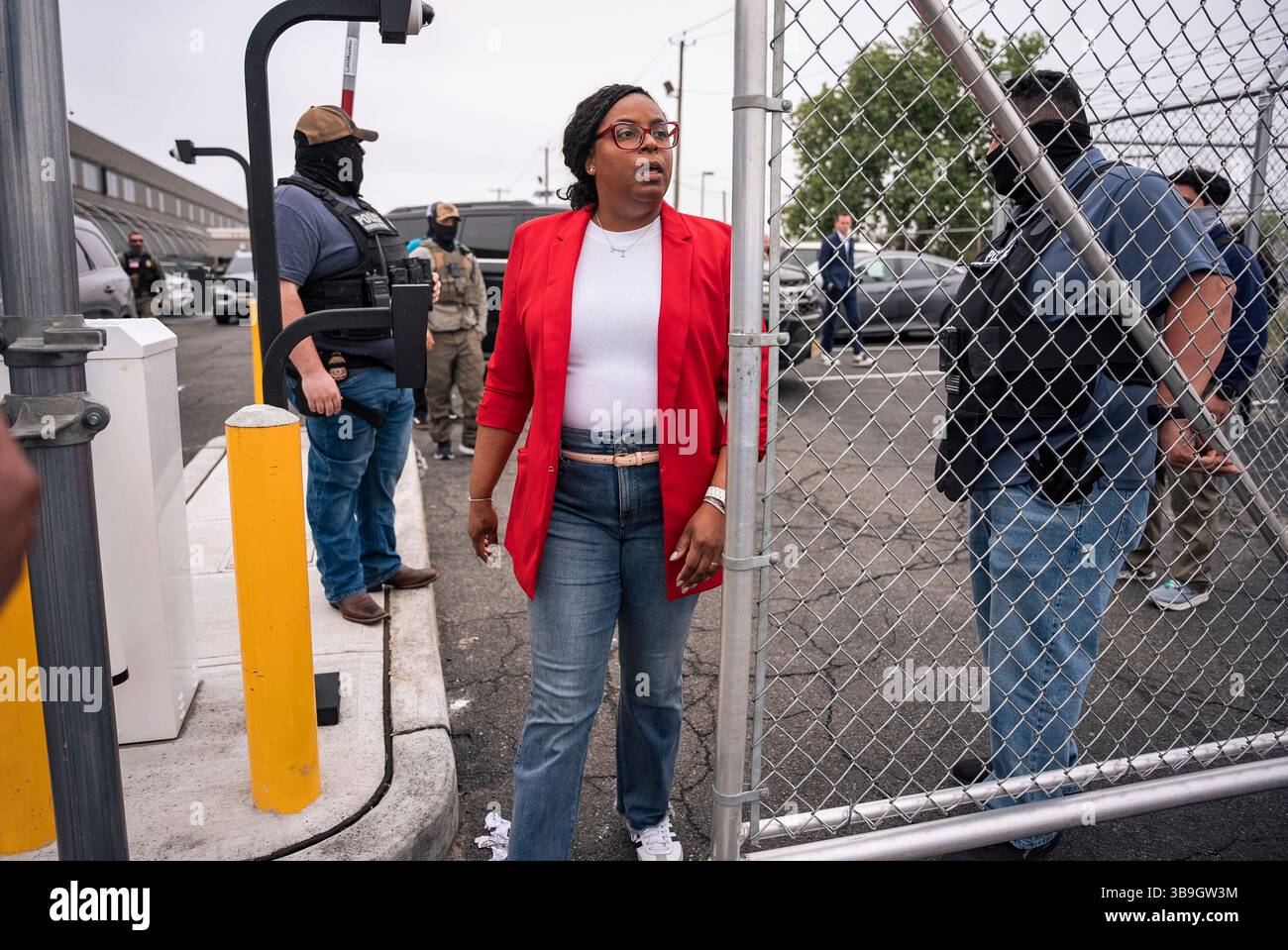Congresswoman Rep. LaMonica McIver, D-N.J., exits the grounds at Delancey Hall ICE detention ...