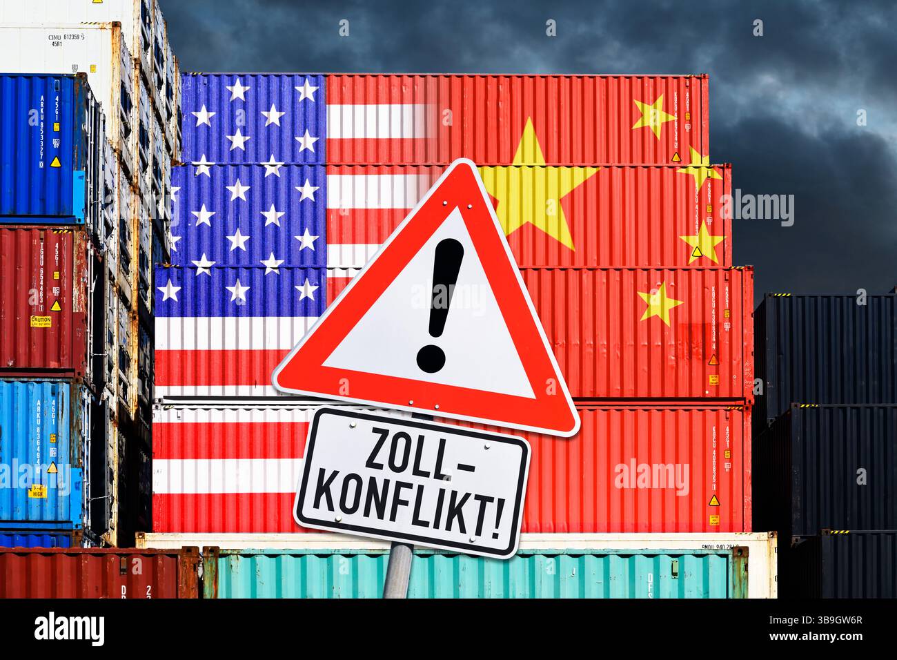 Danger sign with the inscription Customs conflict in front of stacked ...