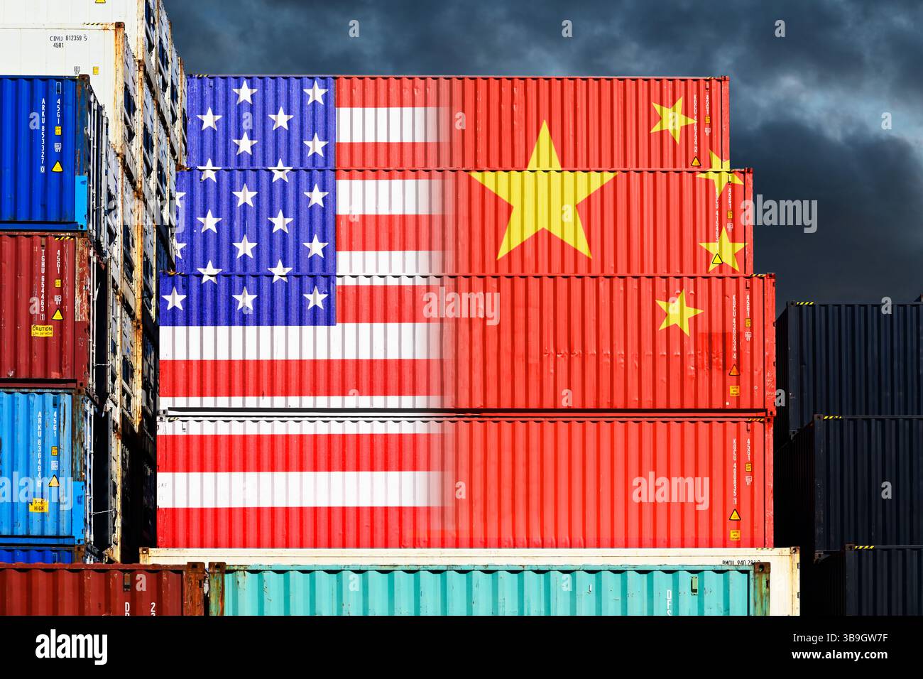 Stacked containers with flags of USA and China, photomontage Stock ...