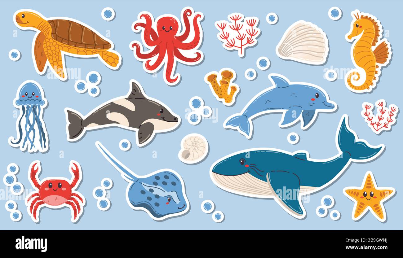 Set of cartoon sea animals stickers with playful characters like turtle ...