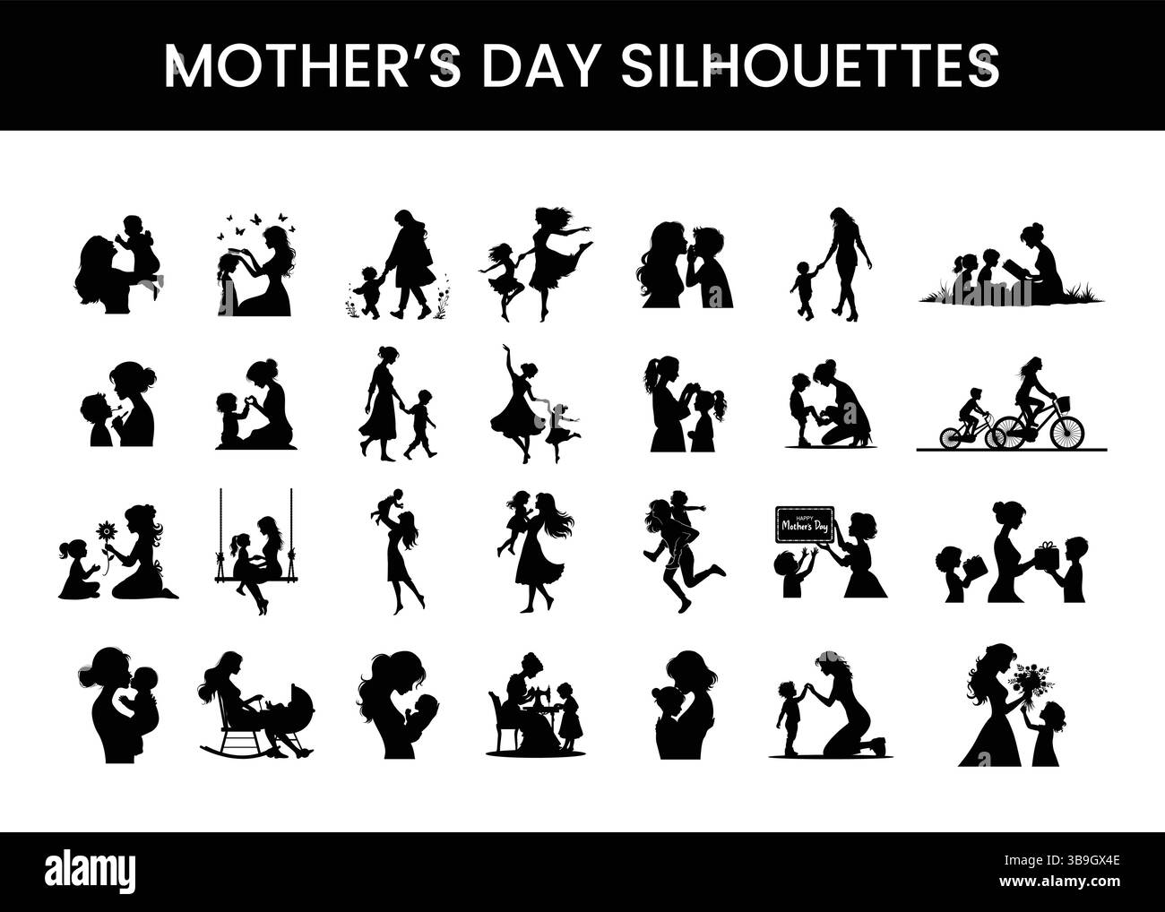 Mother and Child Silhouettes Set for Mother's Day – Family Love Vector ...