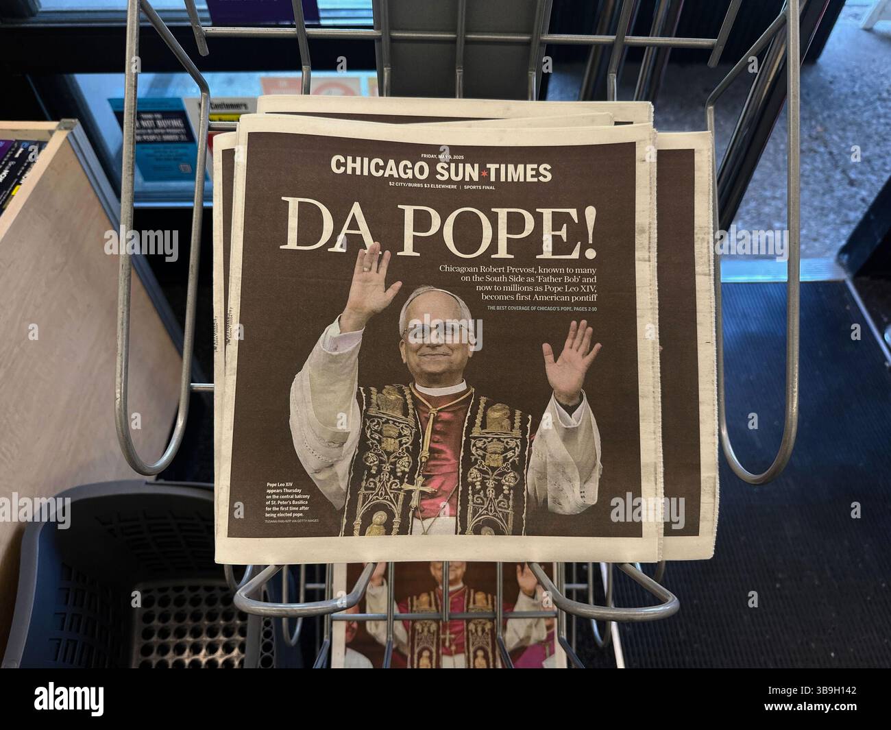Chicago Sun Times newspaper front page showing Pope Leo XIV is seen on ...