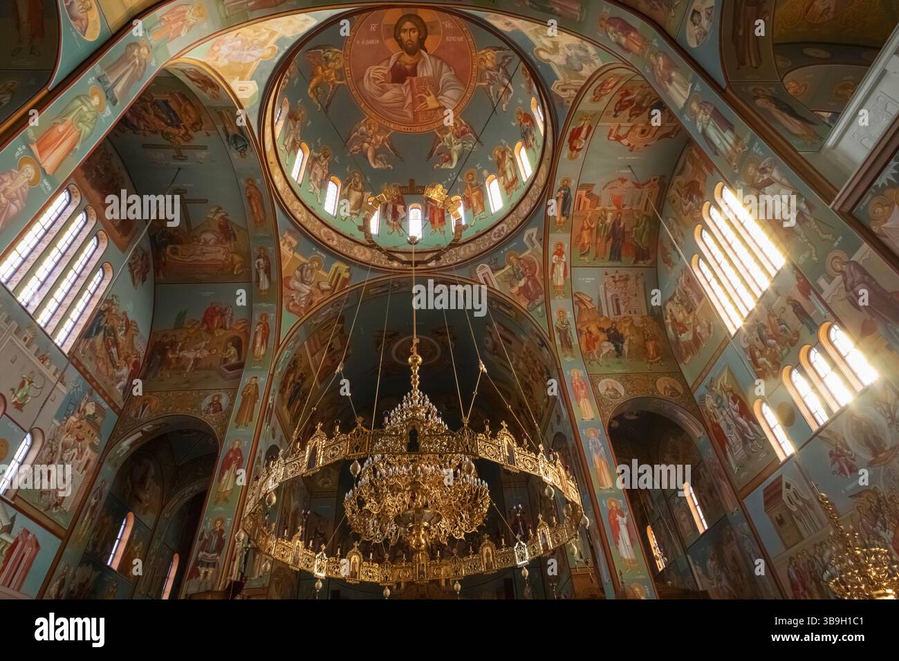 Cyprus, Ayia Napa, Paralimni, Agios Dimitrios Church, Interior View of Giant Chandelier and ...