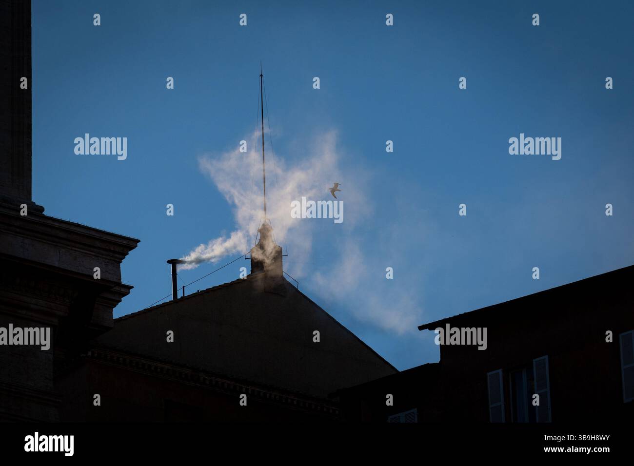 Vatican, Vatican. 08th May, 2025. White smoke billows from the Sistine ...