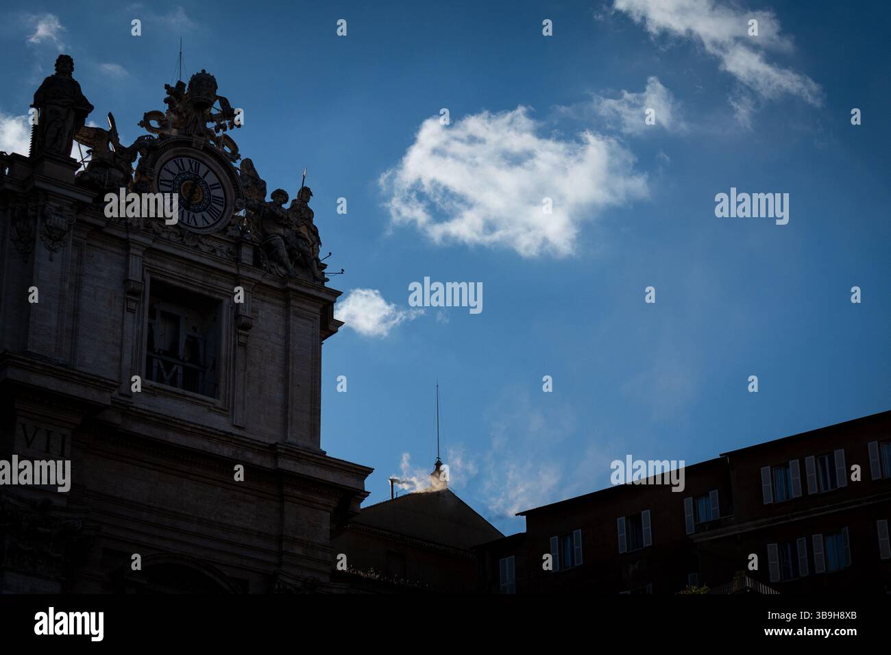 Vatican, Vatican. 08th May, 2025. White smoke billows from the Sistine ...