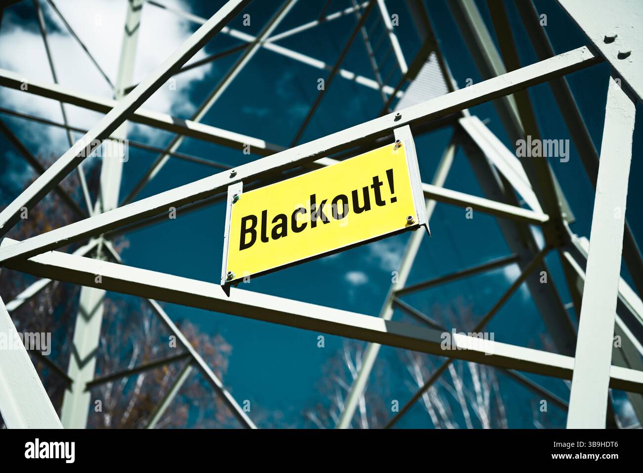 Sign on high-voltage pylon with inscription Blackout, symbolic photo of ...
