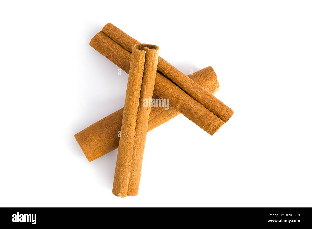 Assorted dried cinnamon bark segments laid out on white, revealing ...