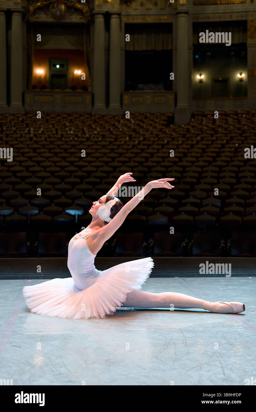 Ballerina performing elegant split pose on classical theater stage ...