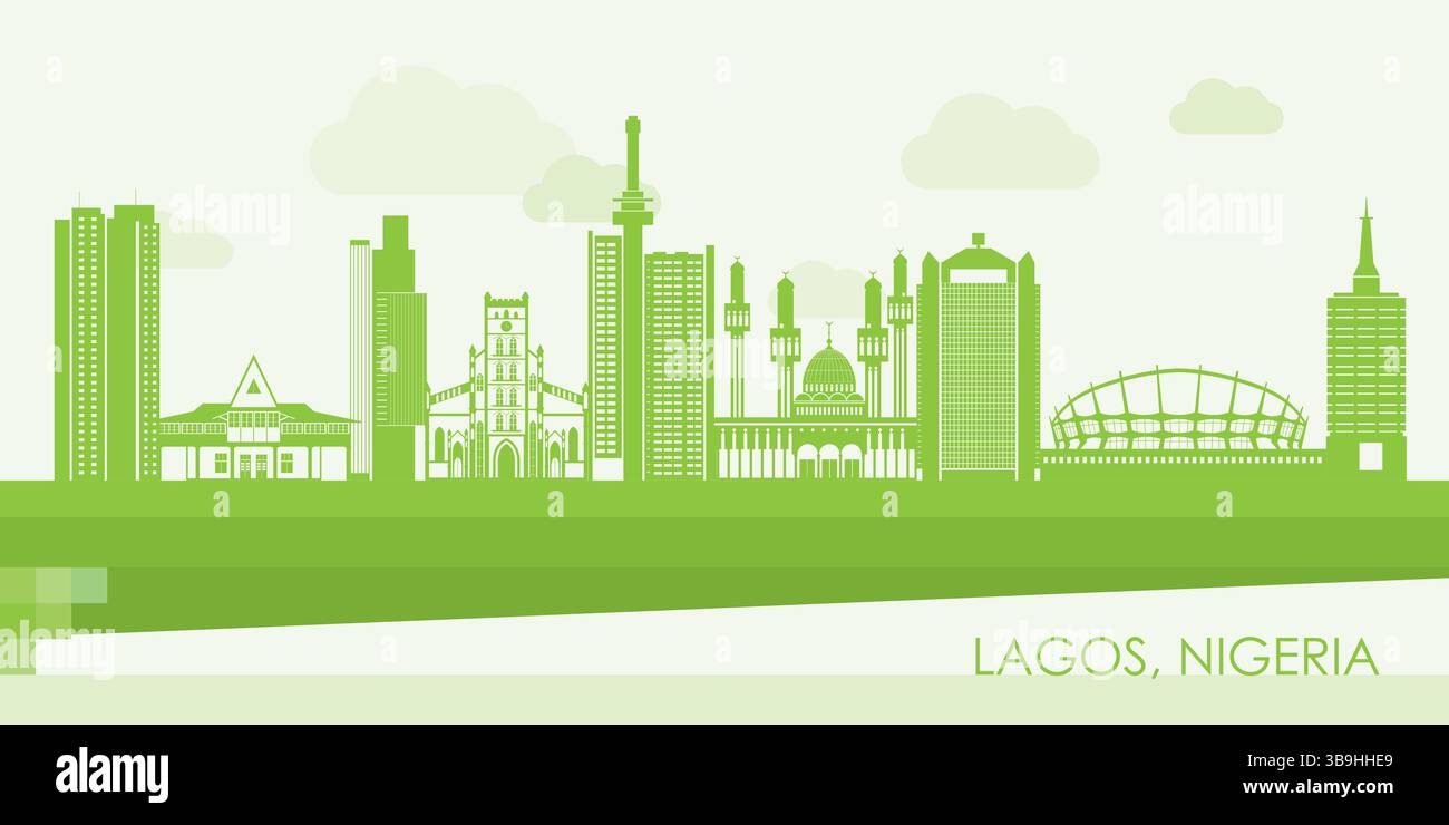 Green Skyline panorama of city of Lagos, Nigeria - vector illustration ...