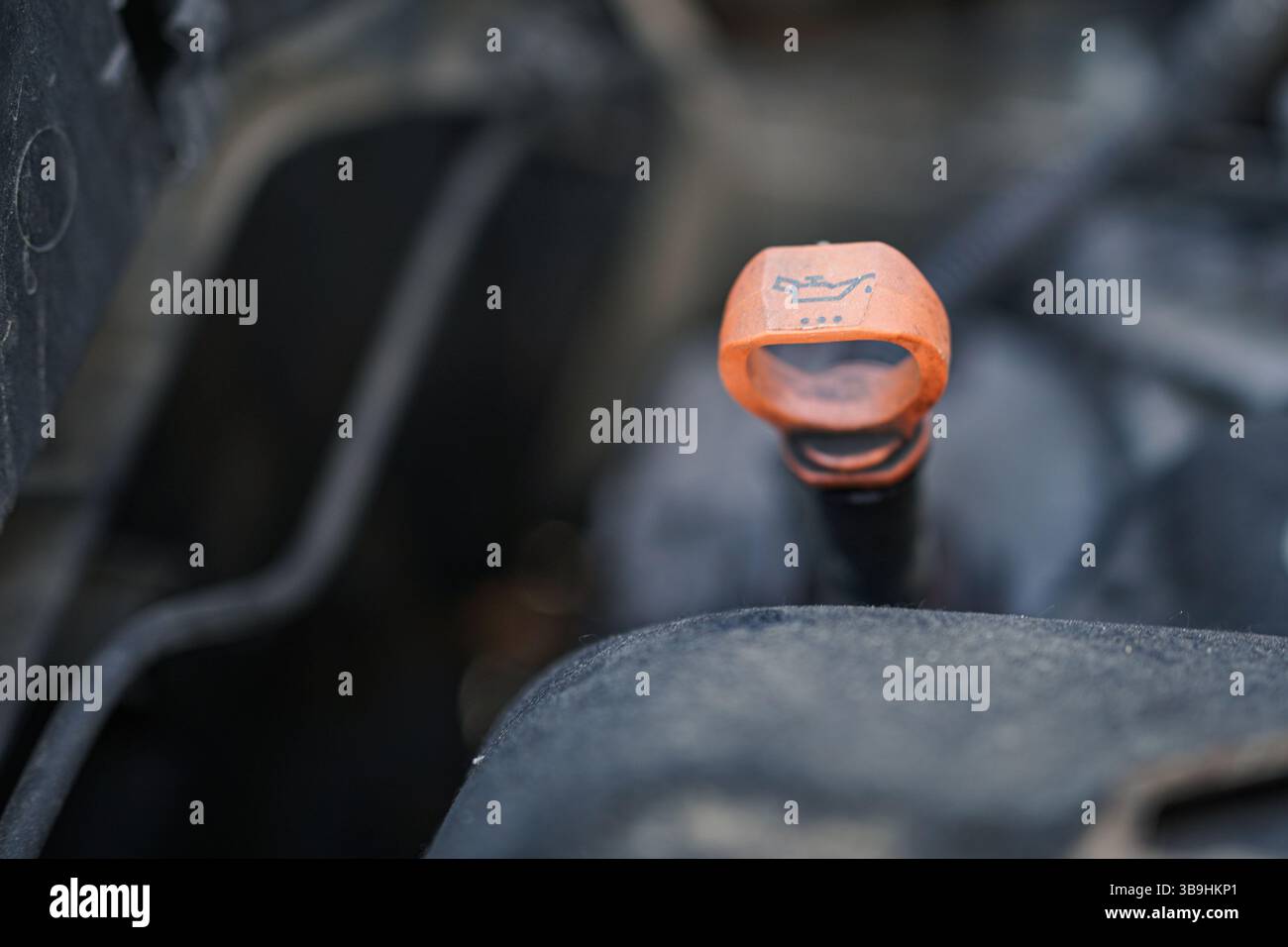 A car engine oil dipstick is being used to check the oil level Stock Photo - Alamy
