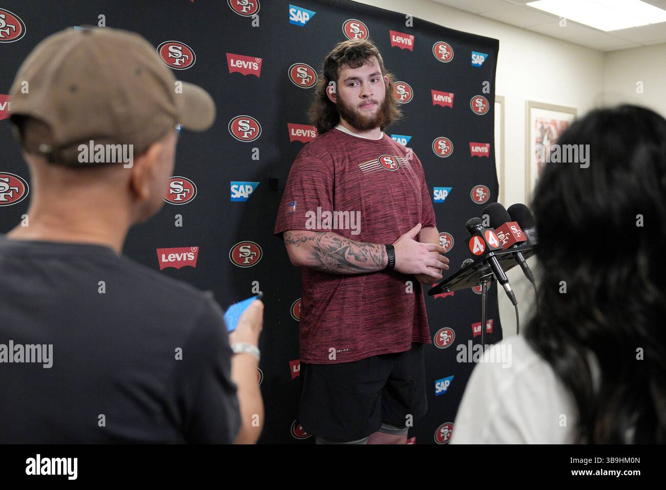 San Francisco 49ers offensive lineman Connor Colby speaks to the media ...