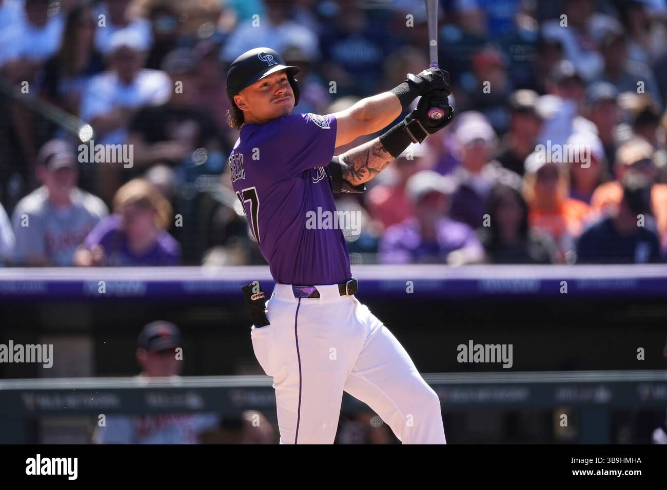 Colorado Rockies left fielder Jordan Beck (27) during the ninth inning ...