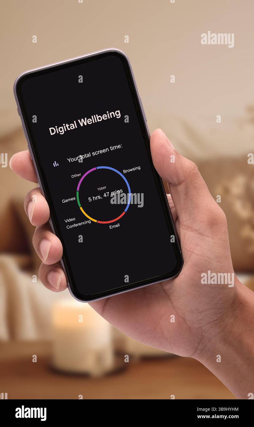 Cell phone displaying daily screen time for digital wellbeing awareness ...