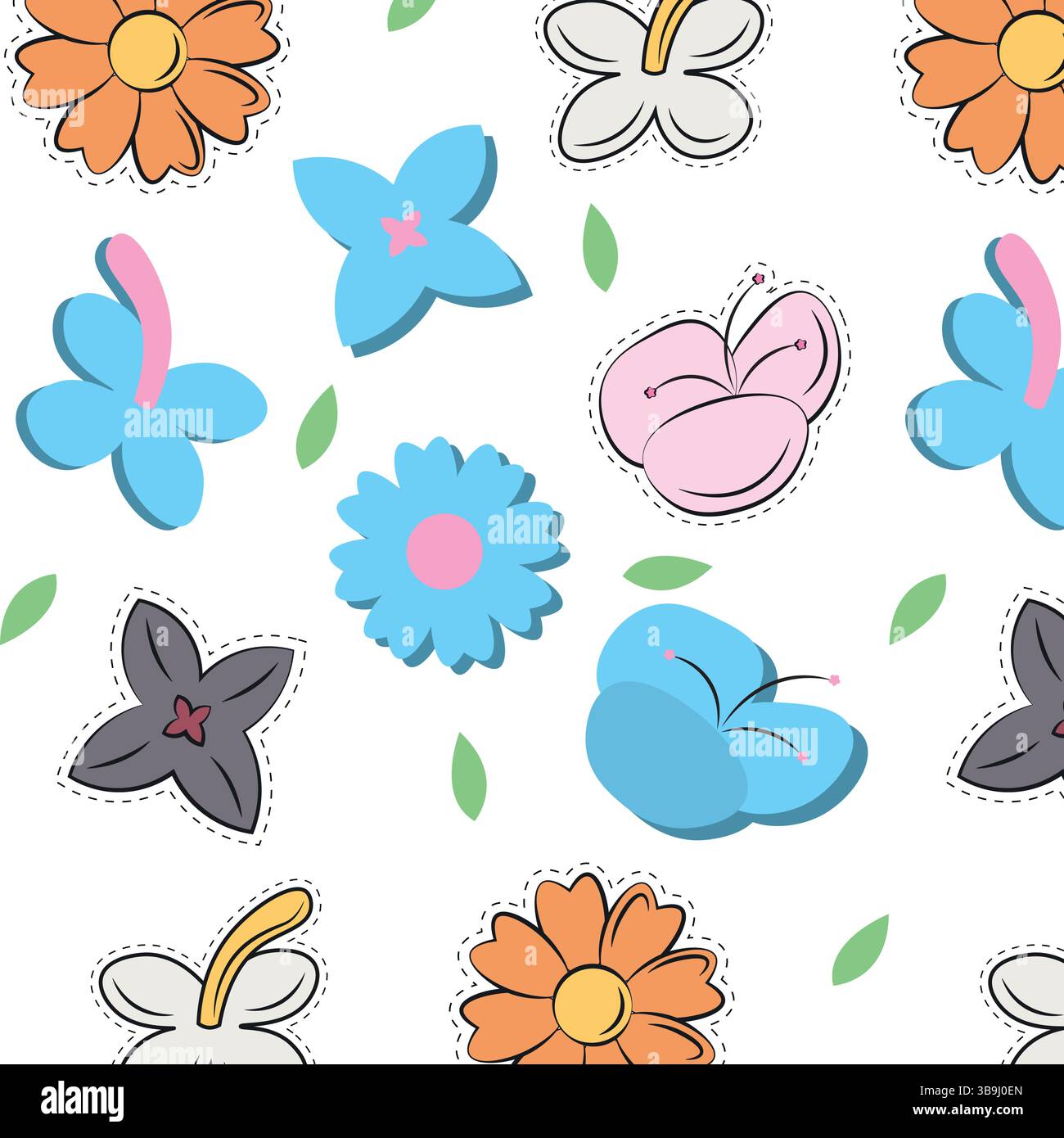 Floral pattern with cute stickers. Vector illustration Stock Vector ...