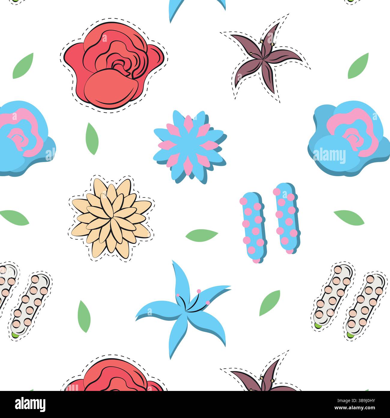 Floral pattern with cute stickers. Vector illustration Stock Vector ...