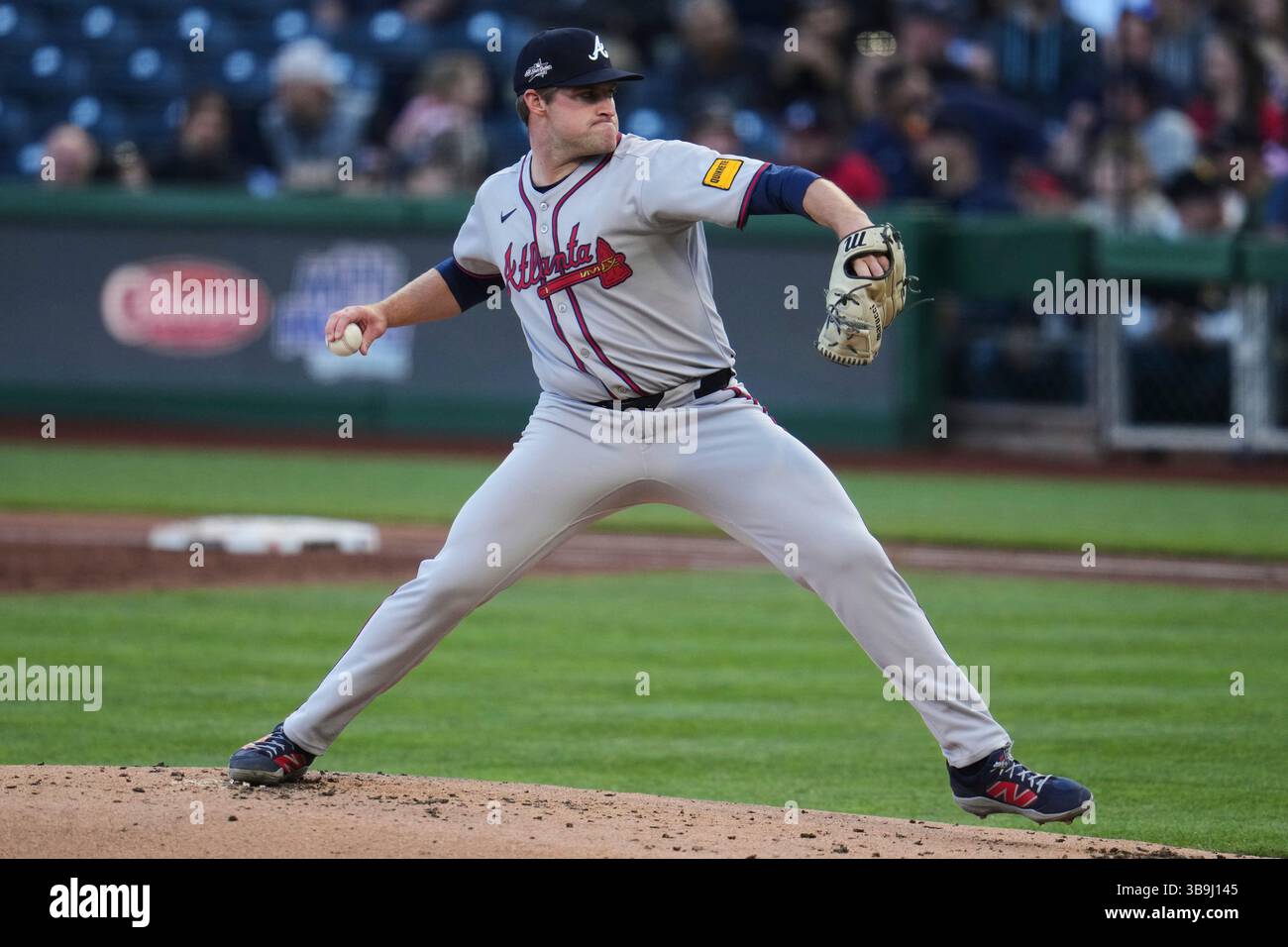 Atlanta Braves pitcher Bryce Elder delivers during the first inning of a baseball game against ...