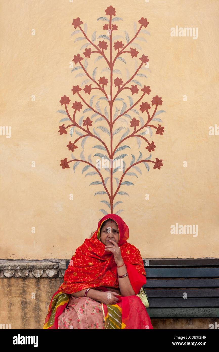 Humorous view of a local Indian woman with a wall decoration of a tree ...