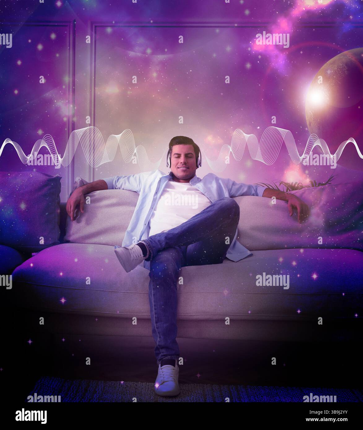 Autonomous sensory meridian response. Man with headphones enjoying ASMR ...