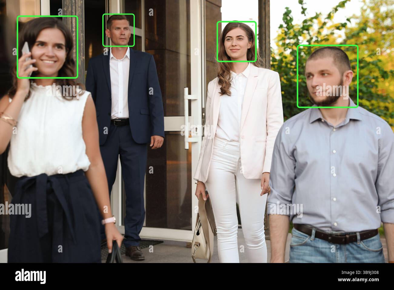 Facial recognition system identifying people on city street, selective ...