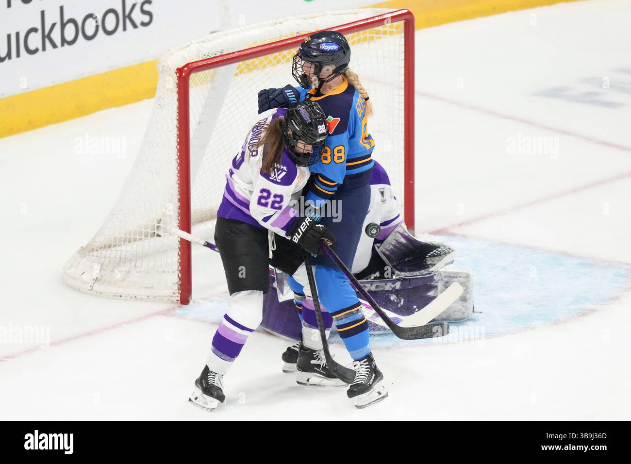 Toronto Sceptres' Julia Gosling (88) scores as Minnesota Frost's Natalie Buchbinder (22) defends ...