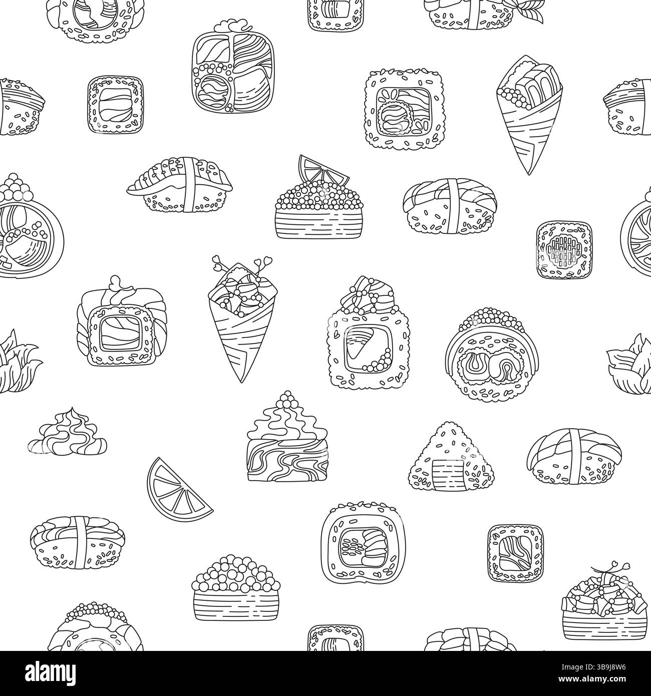 Sushi cartoon doodle seamless pattern. Traditional Asian Japanese food ...