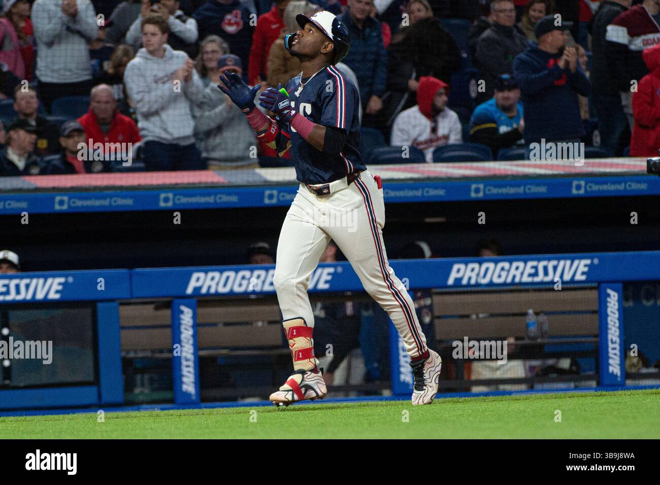 Cleveland Guardians' Angel Martinez reacts after hitting a solo home ...