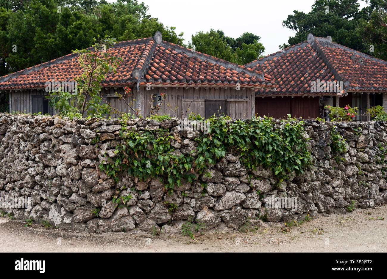 Typical single-story, single-family residence on Taketomi Island with ...