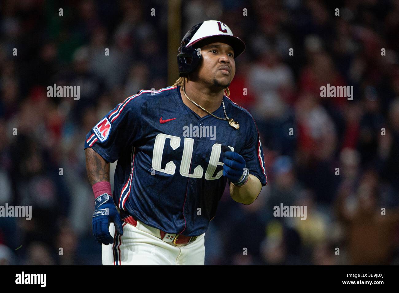 Cleveland Guardians' Jose Ramirez rounds the bases after hitting a solo home run off ...