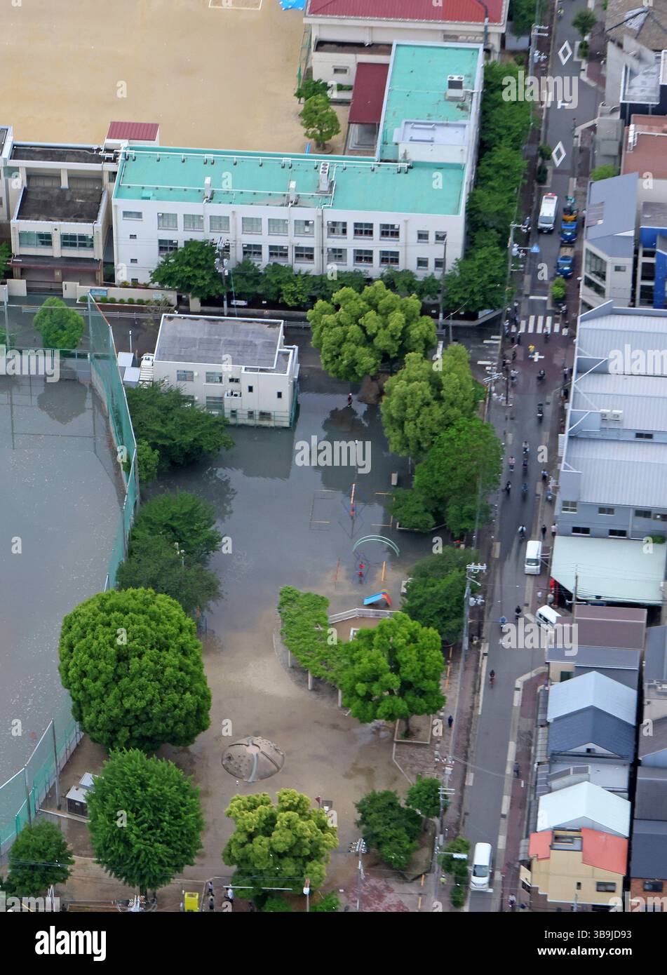An aerial photo shows the flooded Higashi-Nakahama Park and Sports ...
