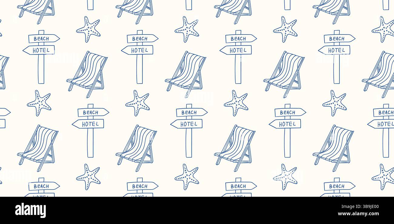 Stylized beach-themed pattern featuring chairs and directional signs ...