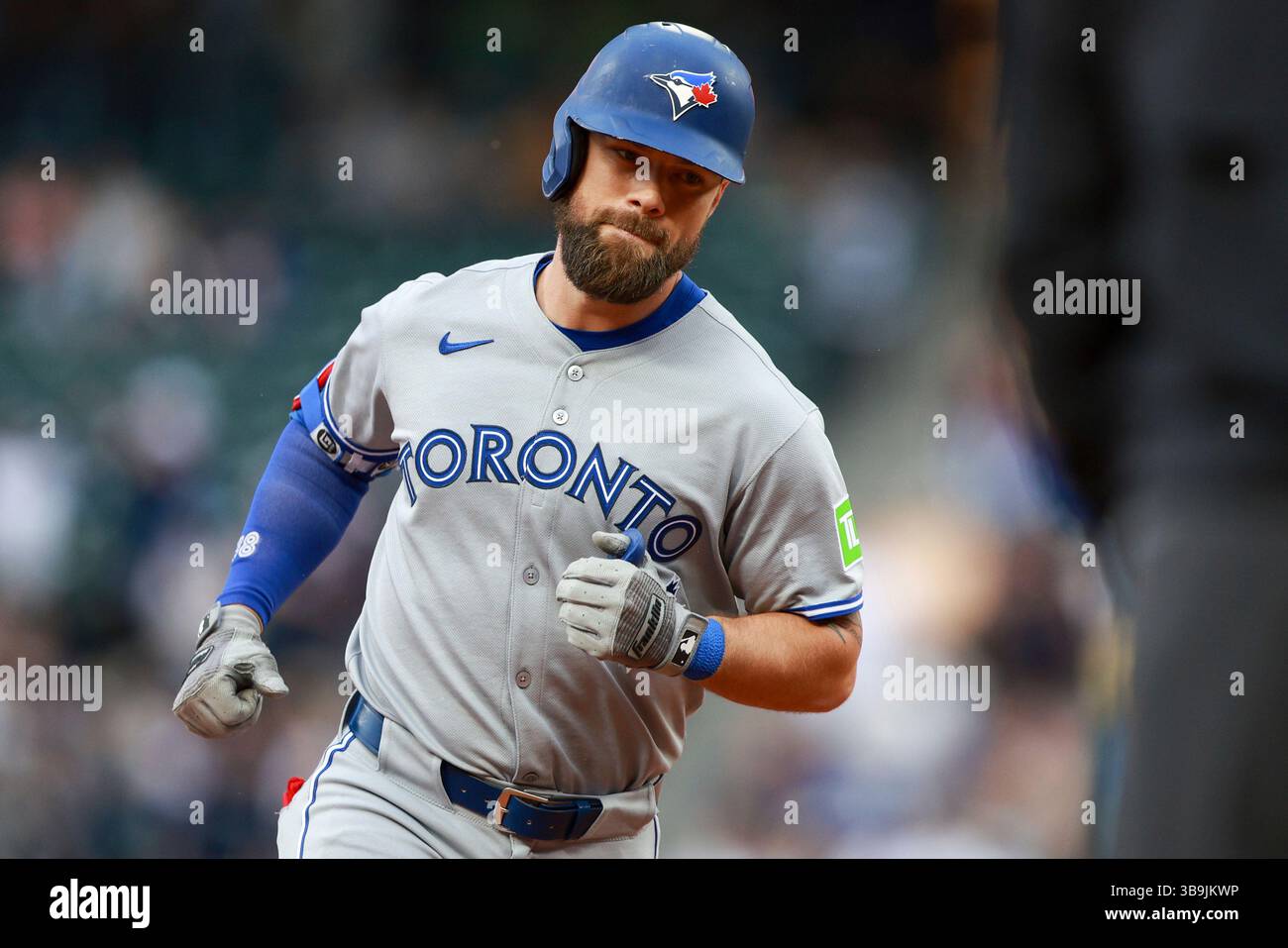 Toronto Blue Jays' Nathan Lukes rounds the bases after hitting a two ...