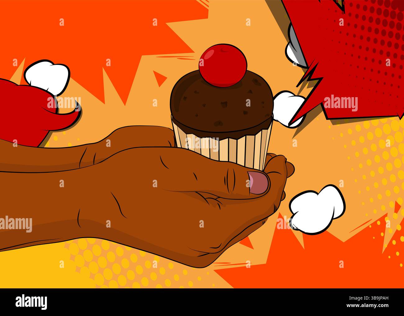 Cartoon, comic book human hands holding Cupcake. Retro vector comics ...
