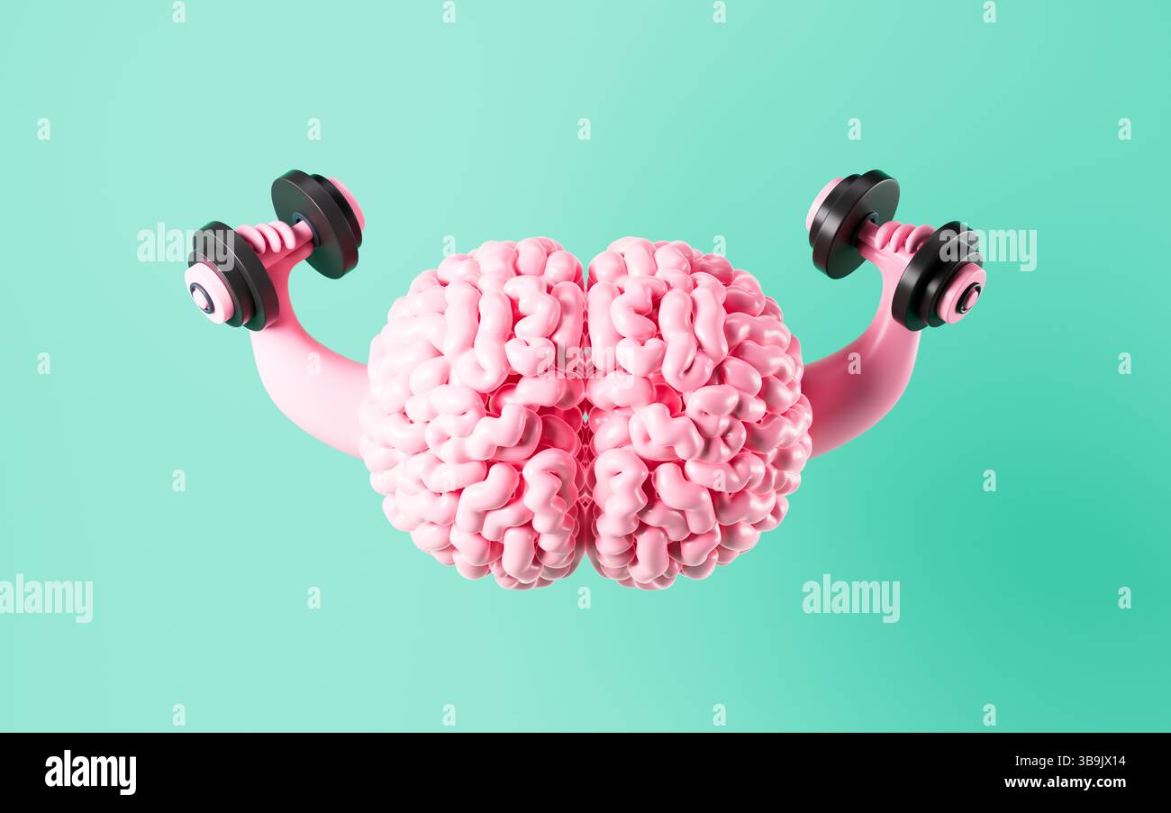 The brain is holding dumbbells. Concept of exercise for the brain, 3d ...