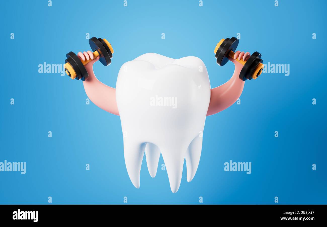 Human tooth with hands holding dumbbells, Strengthen dental health, 3d ...