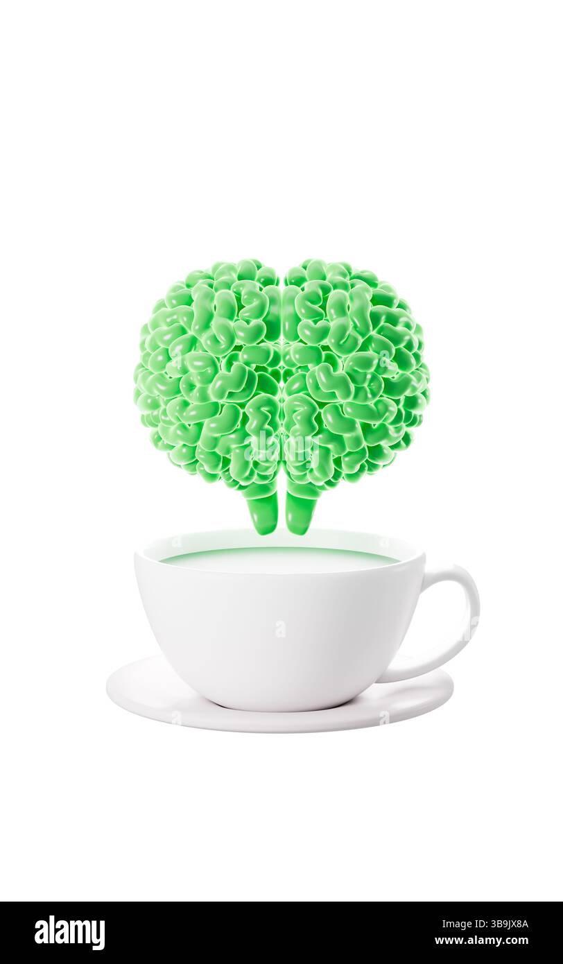 The human brain is suspended above the green tea cup, The concept of ...
