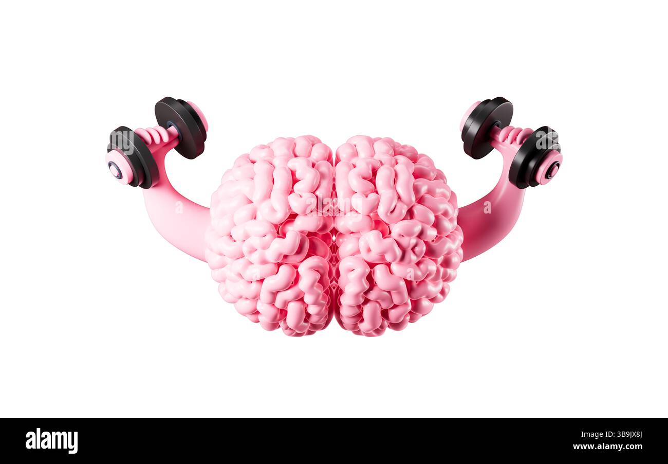 The brain is holding dumbbells. Concept of exercise for the brain, 3d ...