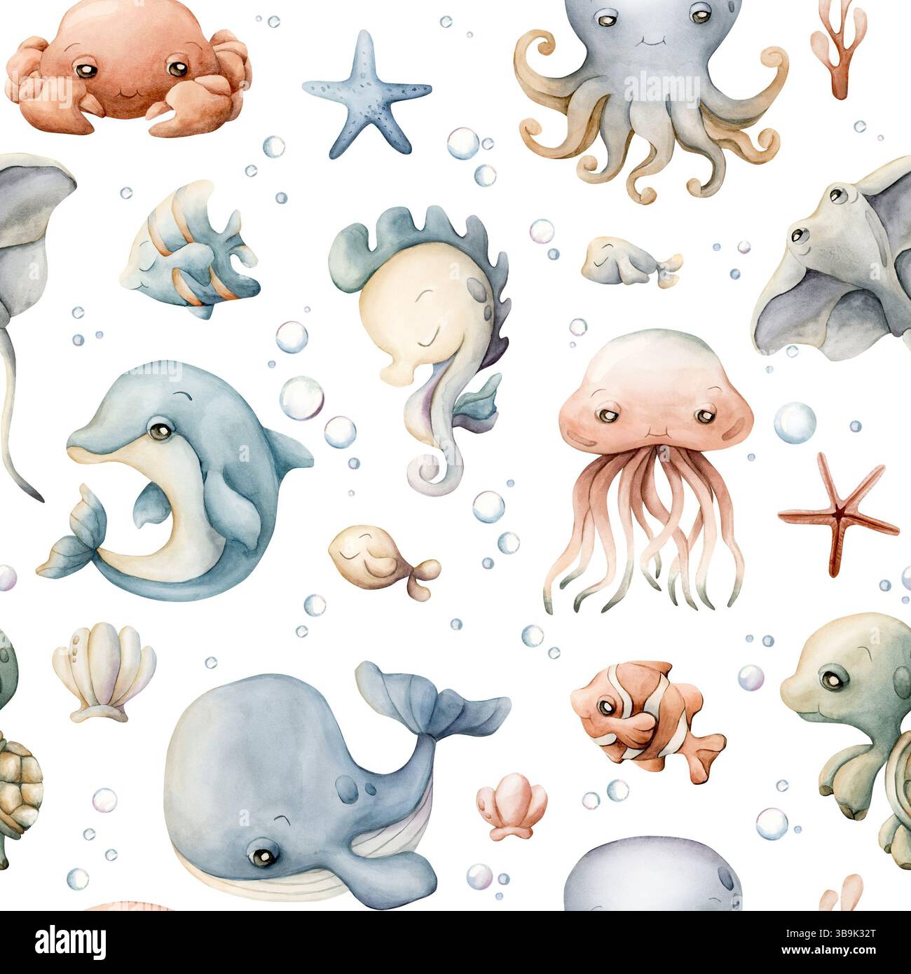 Cute sea animals shells. Adorable underwater world. Watercolor summer ...