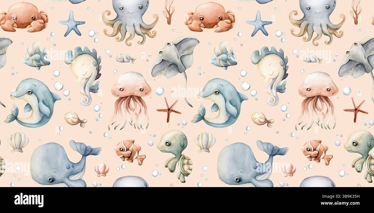 Cute sea animals shells. Adorable underwater world. Watercolor summer ...