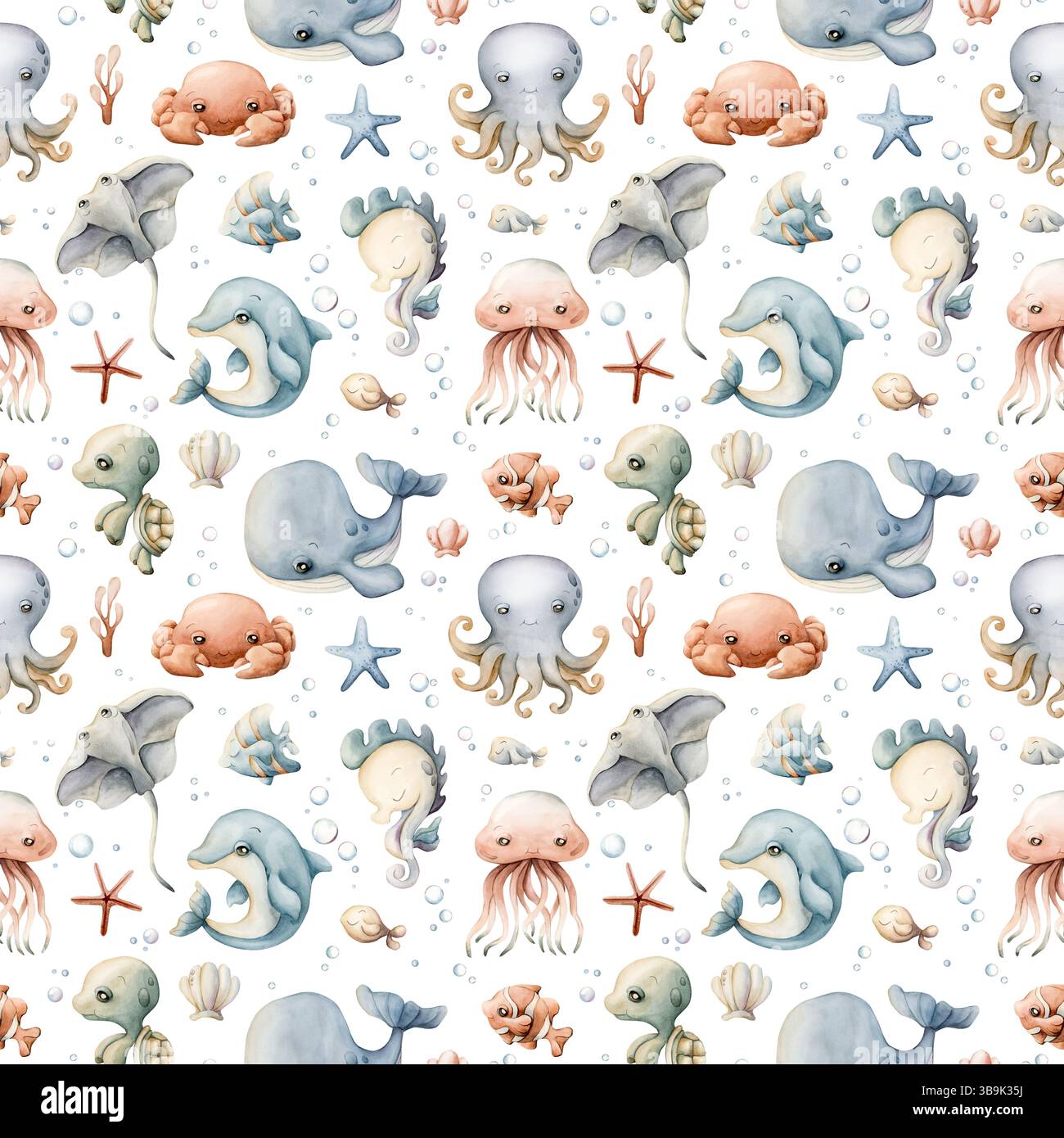 Cute sea animals shells. Adorable underwater world. Watercolor summer ...