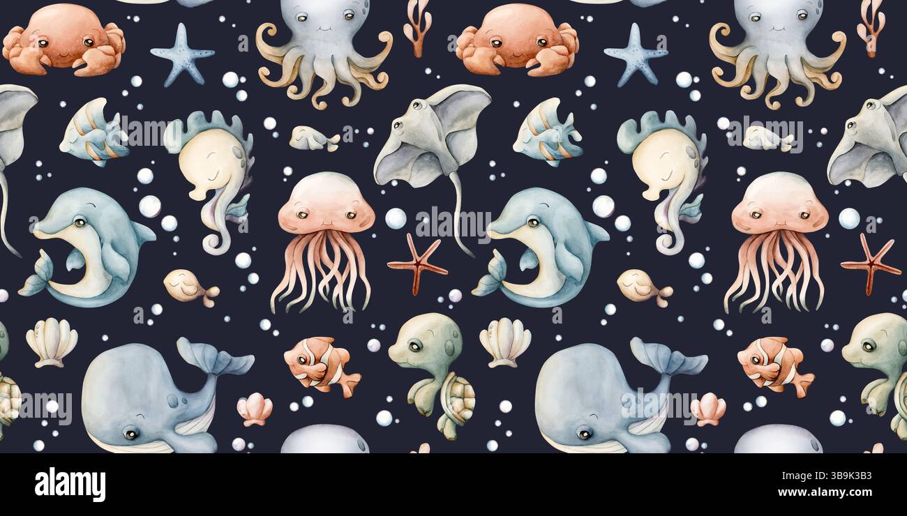 Cute sea animals shells. Adorable underwater world. Watercolor summer ...