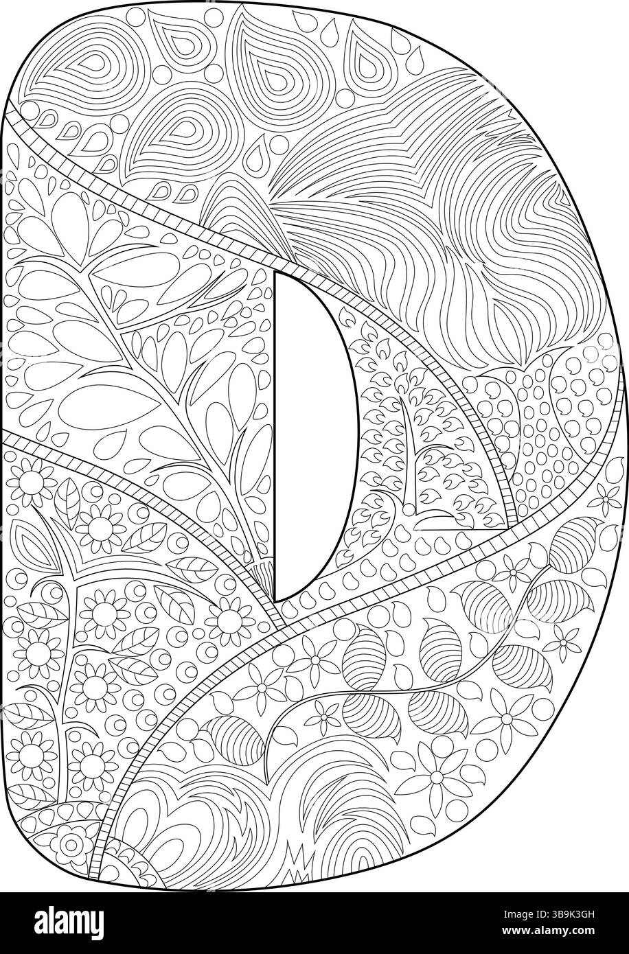 Stylized capital letter D filled with intricate, hand-drawn patterns ...