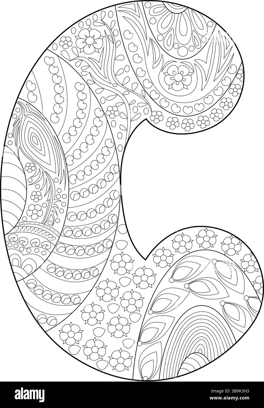 An ornate capital letter C designed as a coloring page, filled with ...