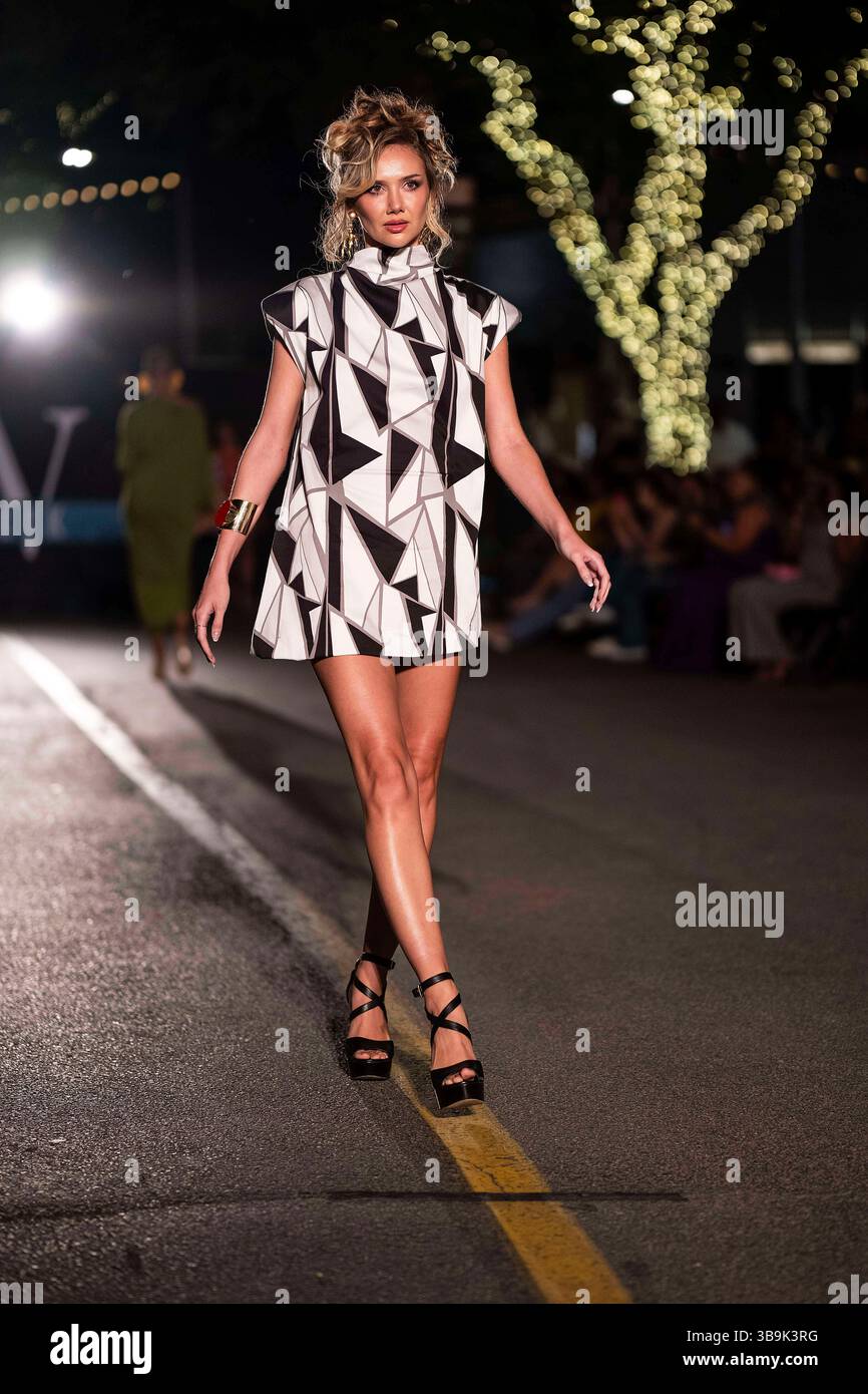 May 9, 2025: A model walks the runway during Austin Fashion Week at ...