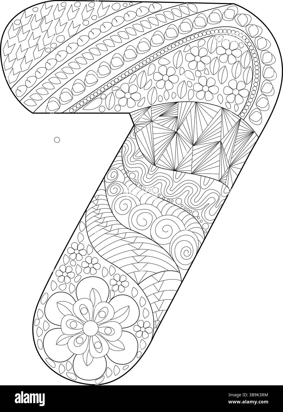 Black and white illustration of the number seven filled with intricate ...