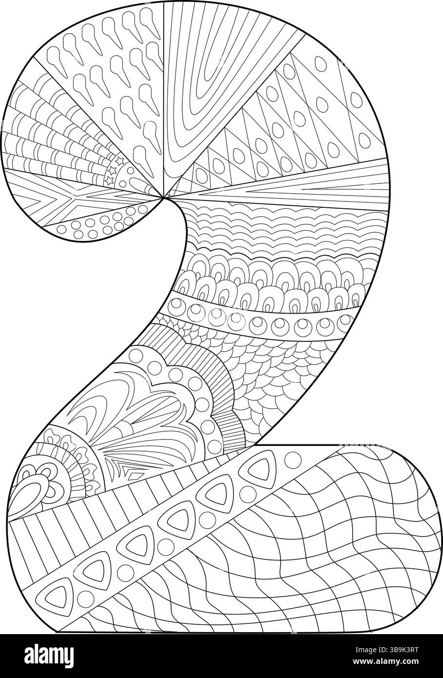 A hand-drawn, decorative black and white illustration of the number two ...